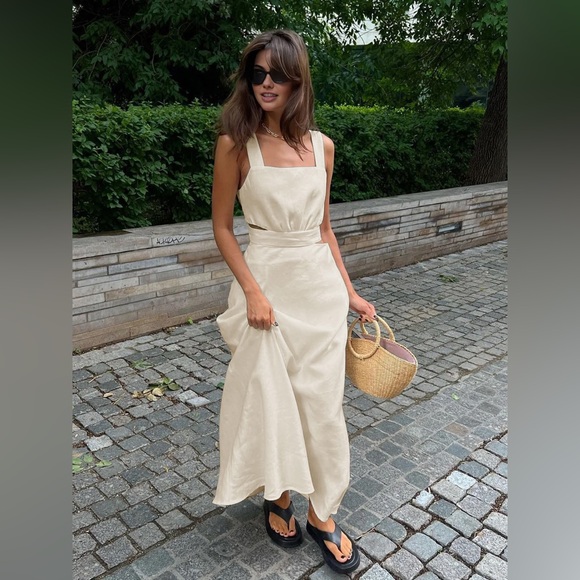 Commense | Dresses | Commense Cream Sleeveless Sundress Linen Blend ...